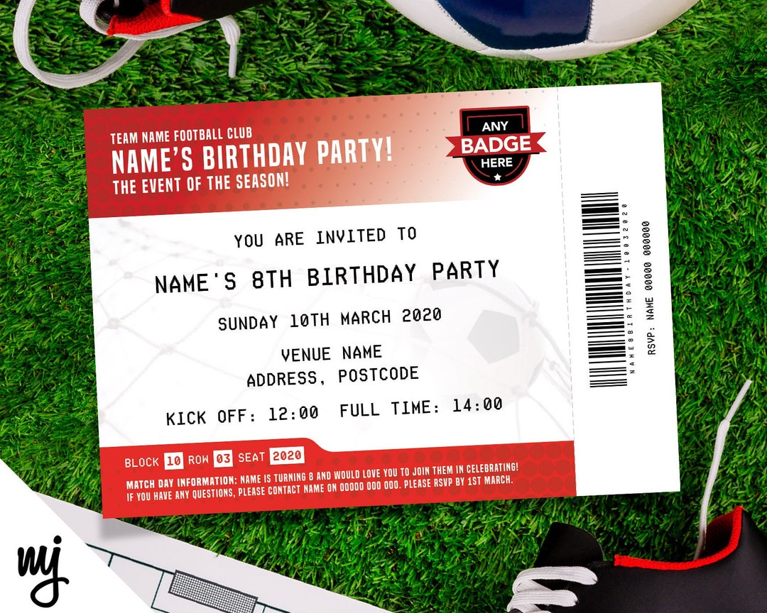 Personalised Red & White Football Ticket Style Party Invitations Thank ...