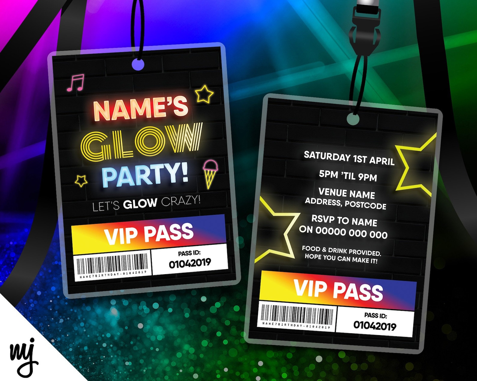 Personalised Glow Neon Party Style VIP Pass & Lanyards Music Disco ...