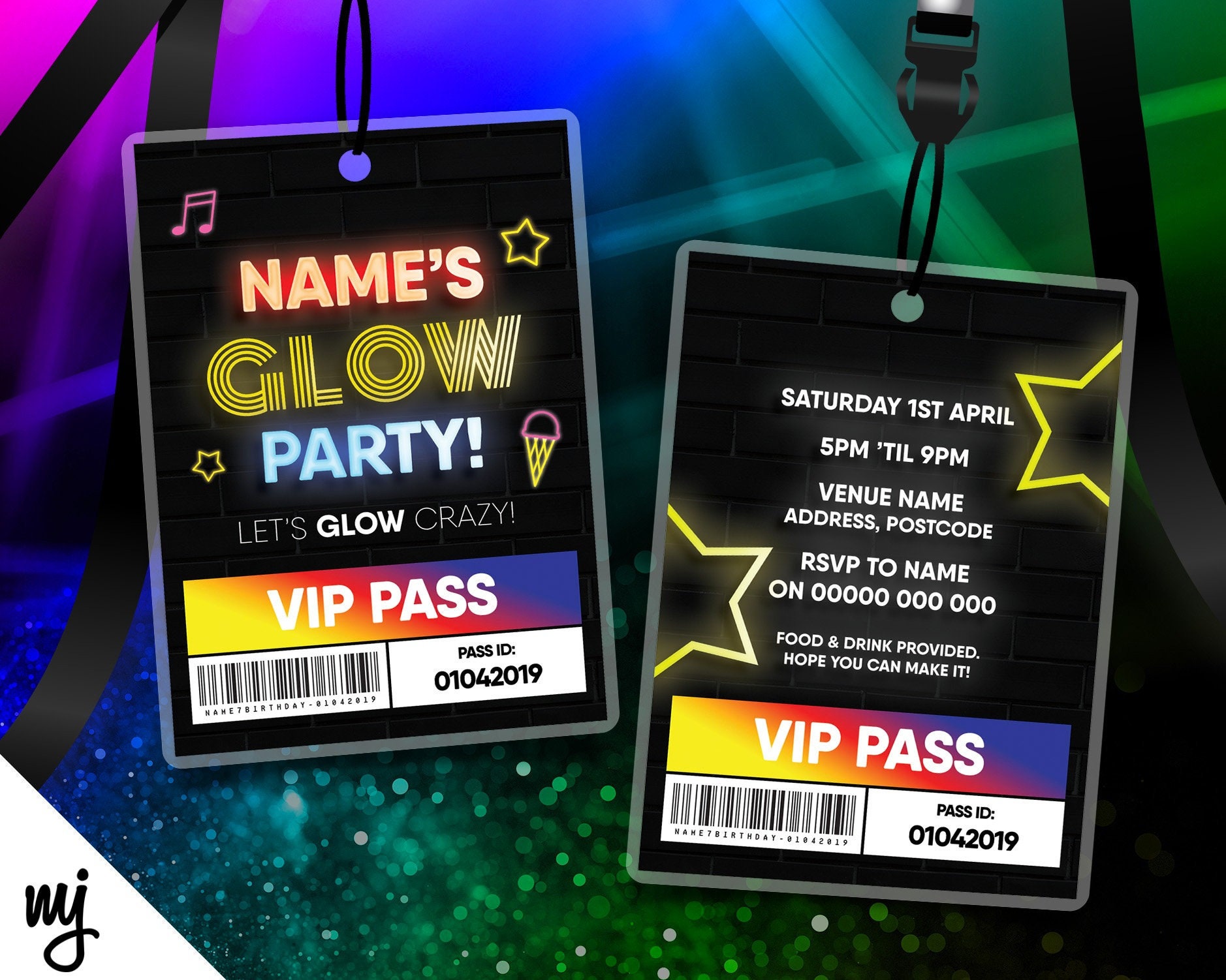 Personalised glow neon party style VIP pass & lanyards Music | Etsy