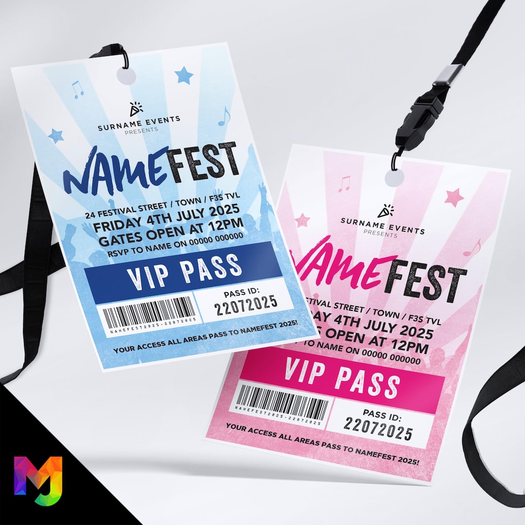 Personalised Festival VIP Pass Lanyard Invitation Invites – Music ...