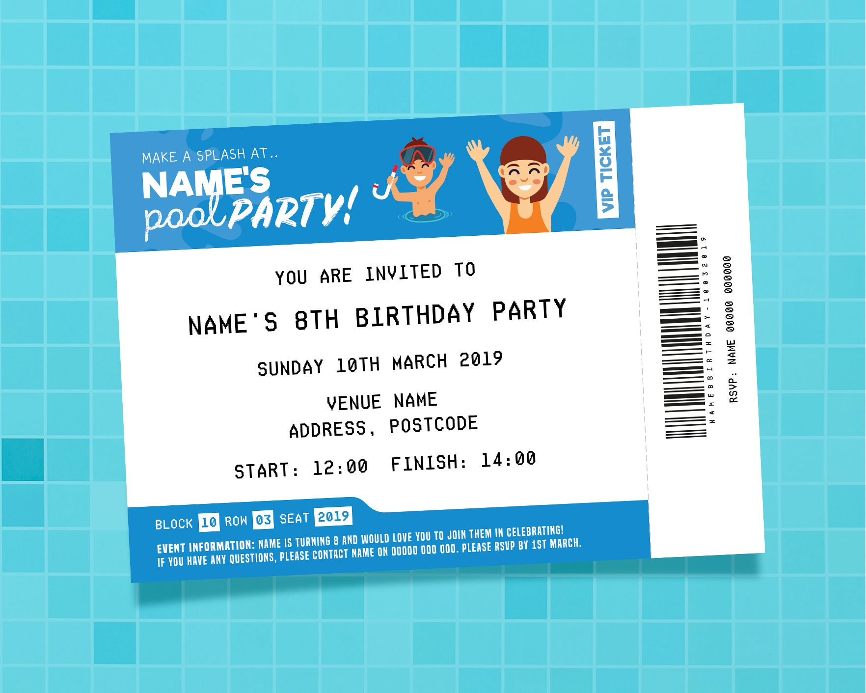 Personalised Pool Party Ticket Style Invitations | Etsy