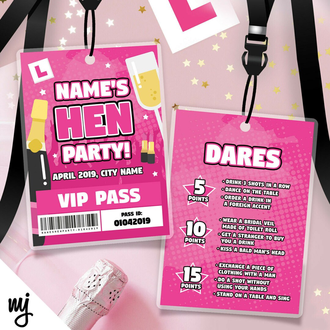 Personalised Hen Night Party Style VIP Pass & Lanyard Invitations ...