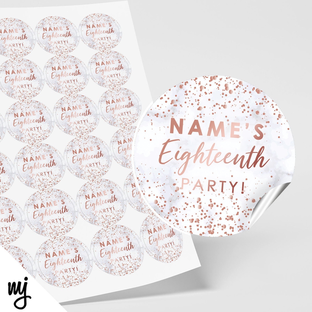 Personalised 18th Birthday Party Round Stickers Marble Rose Gold ...
