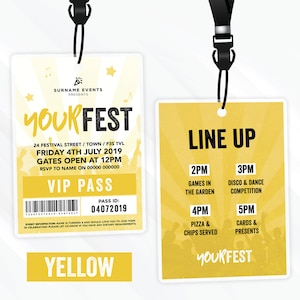 Personalised Festival Style VIP Pass & Lanyard Invitations Any Colour ...