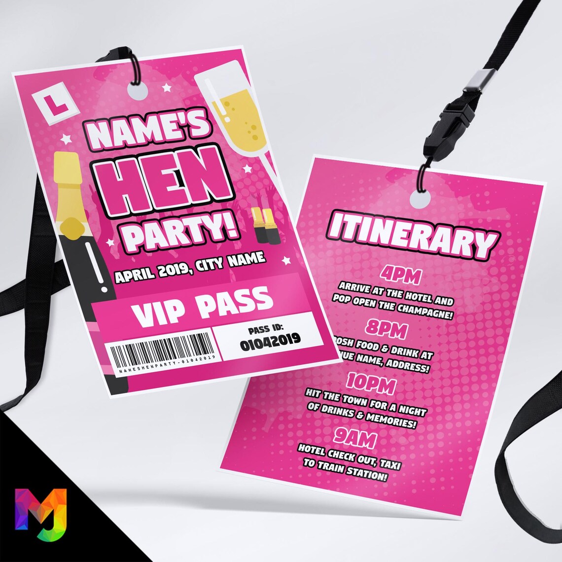 Personalised Hen Night Party Style VIP Pass & Lanyard Invitations ...