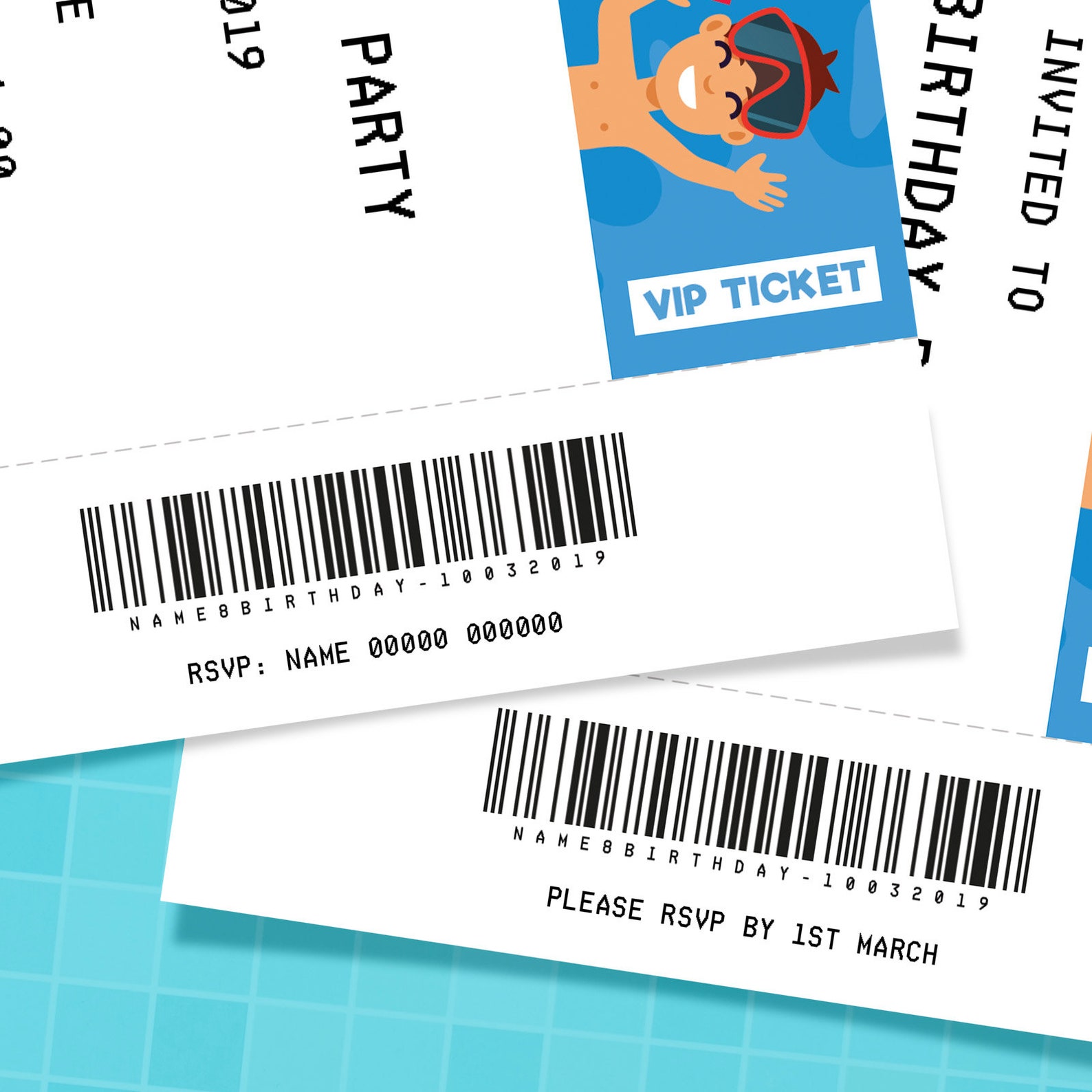 Personalised pool party ticket style invitations | Etsy