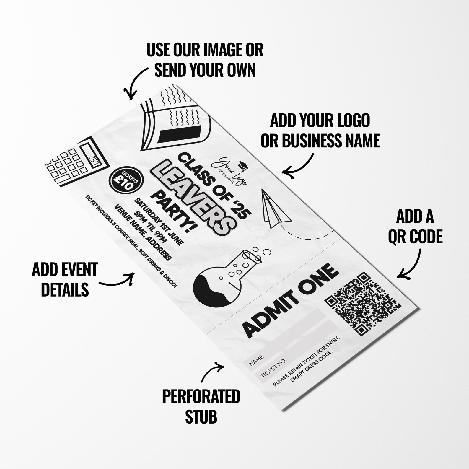 Custom Printed School Leavers Party Tickets | Perforated Stubs | White ...