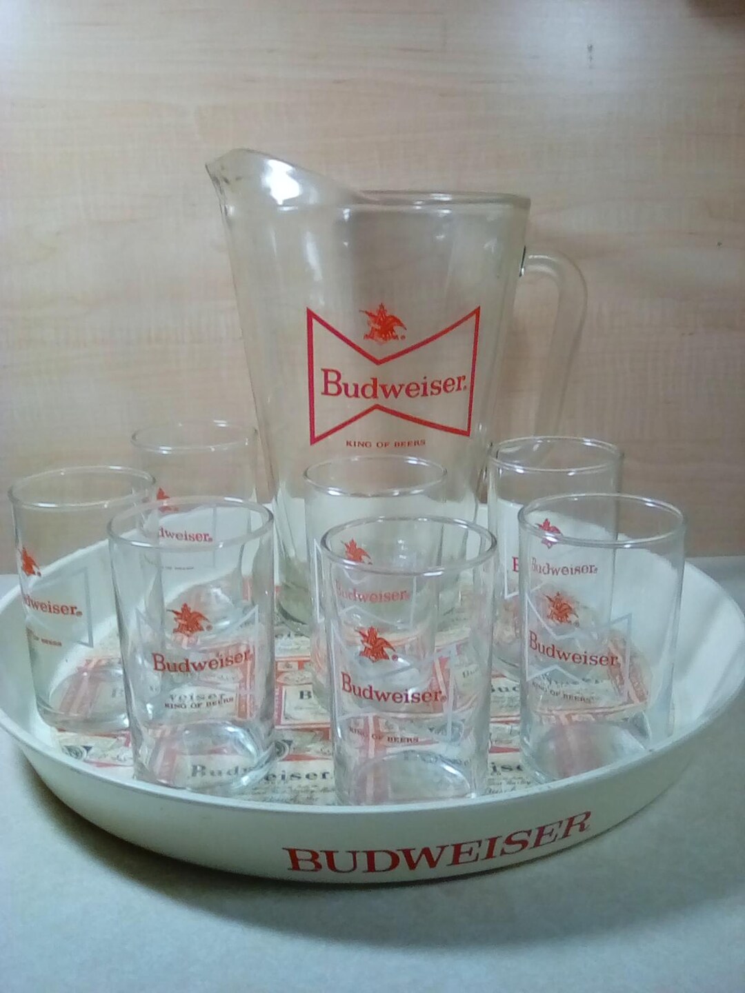 Vintage Clear Budweiser Bow Tic Glass Beer Pitcher With Set of 7 Beer ...