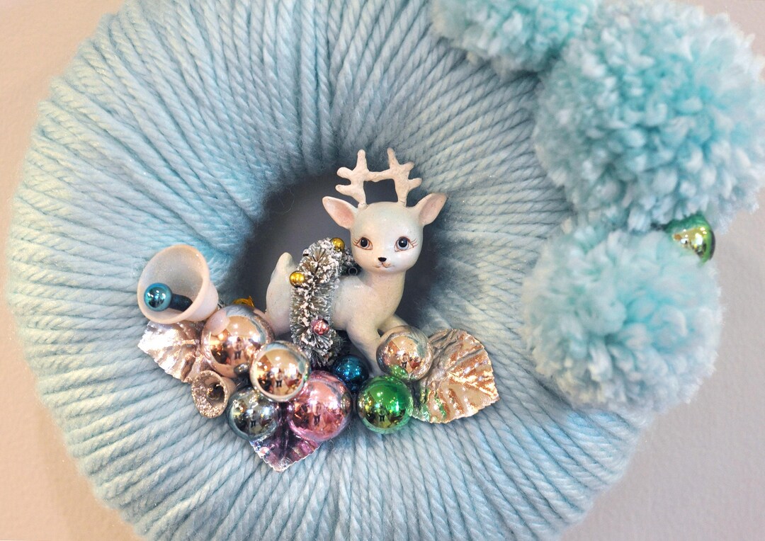 Small Aqua Vintage Style Deer Yarn Wreath With Pom Poms and Vintage ...