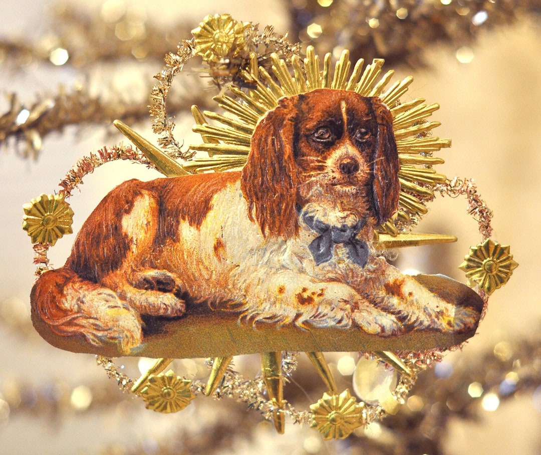 Dresden Cocker Spaniel Ornament With Blue Bow With Silver and Gold ...