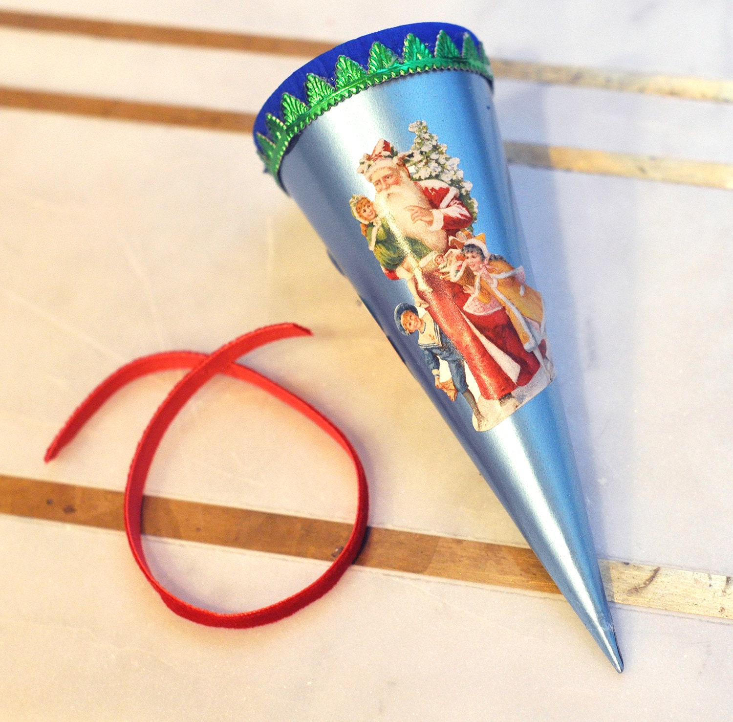 Santa With Kids Cone Metallic Light Blue and Velvet Red Ribbon | Etsy