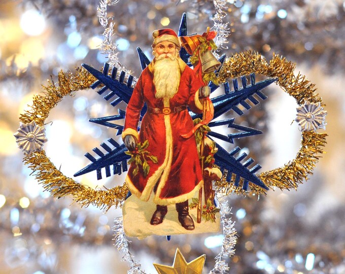 Silver and Gold Tinsel Ornament With Dark Blue Dresden Paper Vintage ...