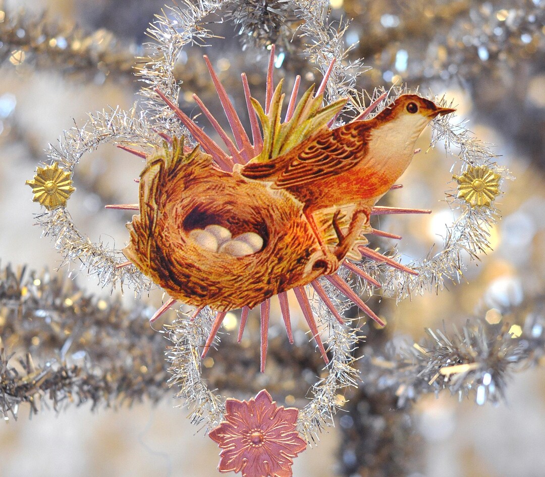Dresden Birds in a Nest With a Butterfly Ornament Silver Tinsel With ...