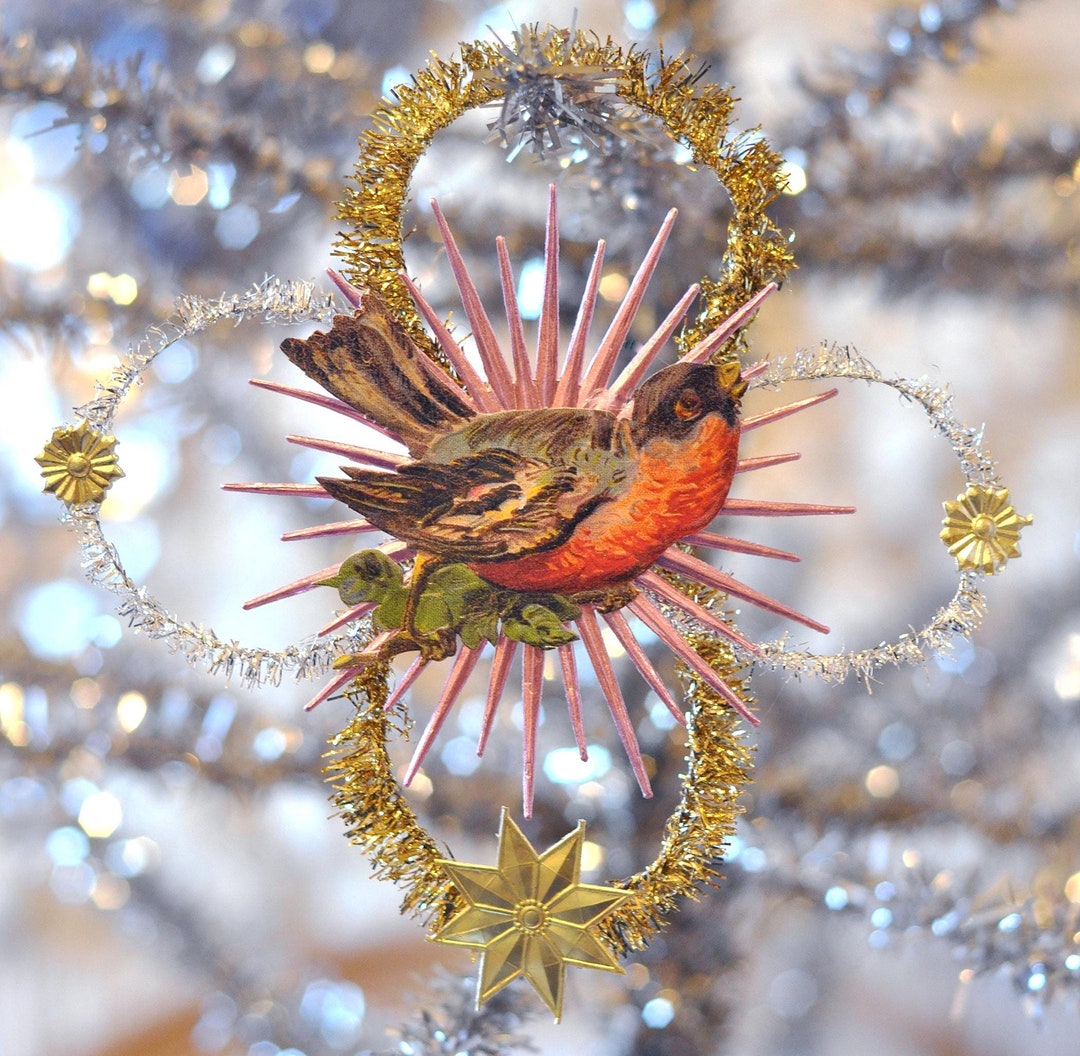 Dresden Pink and Silver and Gold Glittered Robin Bird Ornament - Etsy