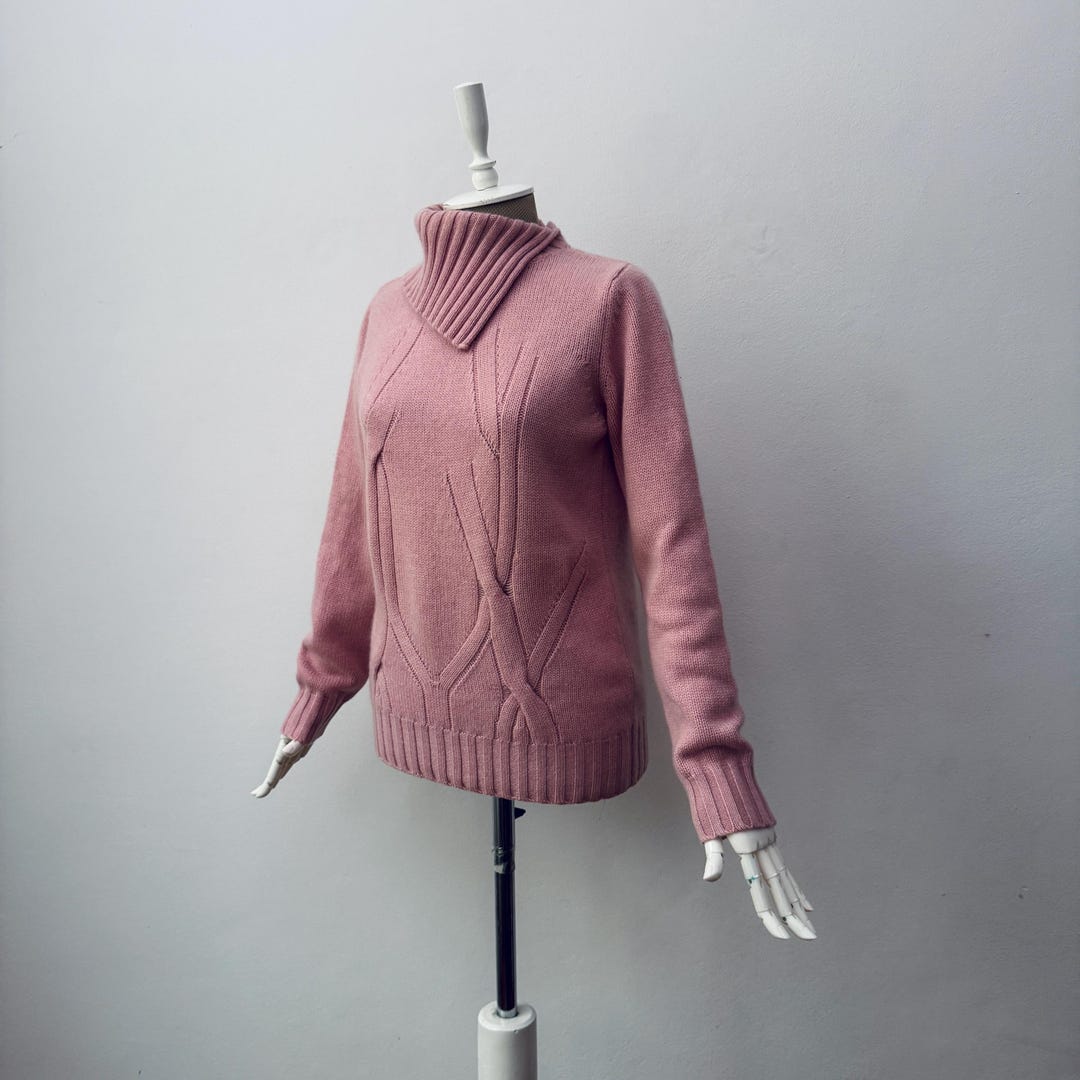 100% Soft Cashmere - Women's Fold-over Collar Chunky Knit Rose Pink ...