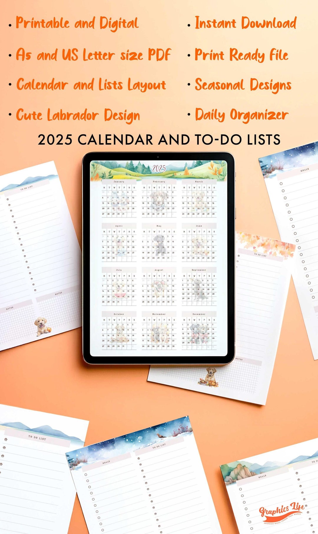 2025 Dog Printable Calendar and Planner Labrador Themed Daily Organizer ...