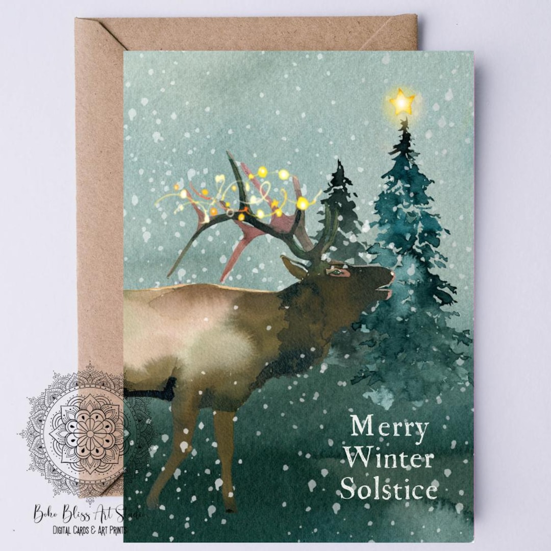 Reindeer Winter Solstice DIGITAL Card Merry Winter Solstice PRINTABLE Card Artwork Pagan Holiday ...