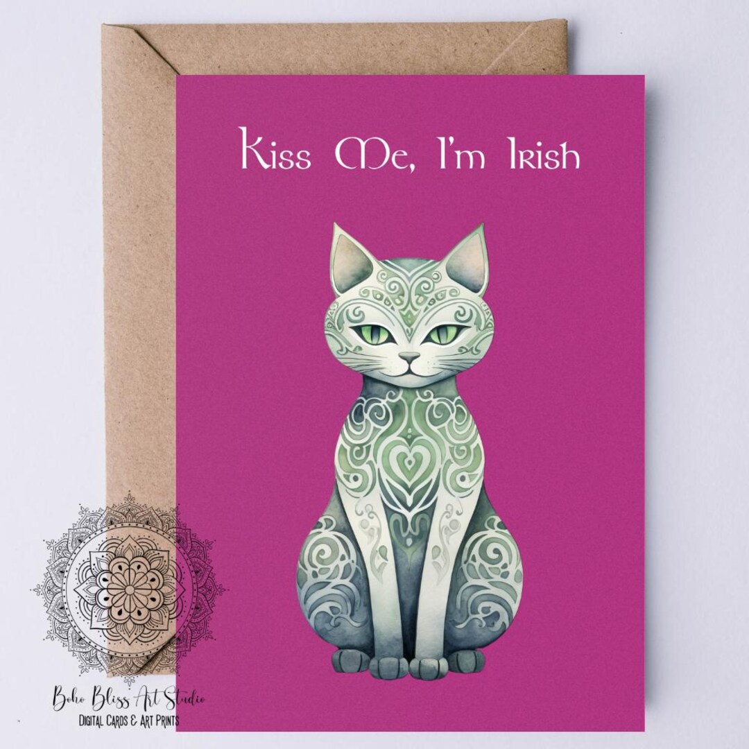 Kiss Me I'm Irish Celtic Cat Art DIGITAL Card St Patrick's Day Card ...