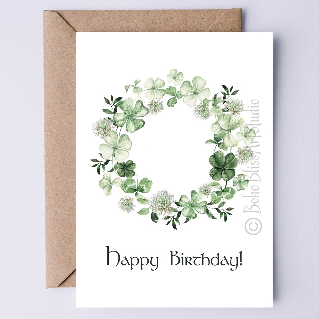 Printable Card Irish Birthday Greeting Card - Shamrock Wreath Artwork ...