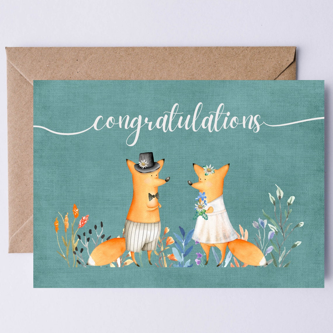 Congratulations Printable Wedding Card Fox Couple & Wildflowers Art ...