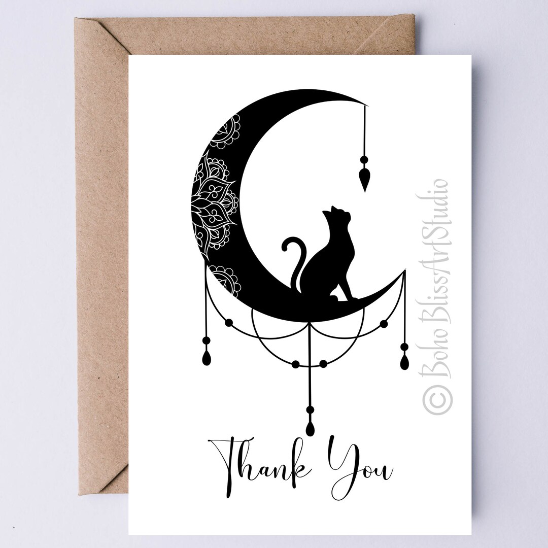Cat Thank You Card Digital Cat on the Moon Thank You Card - Printable ...
