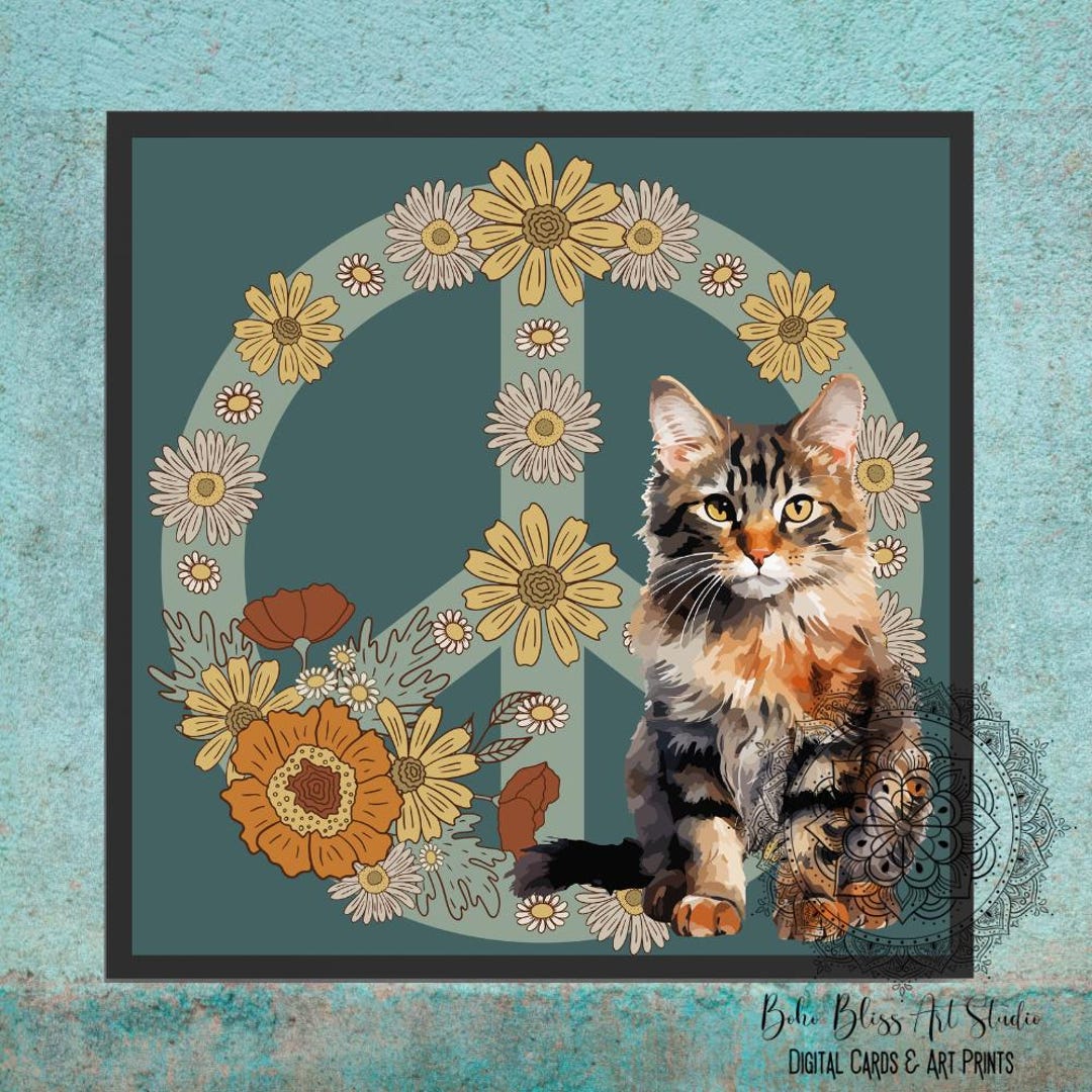 Cat & Peace Sign Art Print DIGITAL Calico Cat Art Humanity PRINTABLE ...
