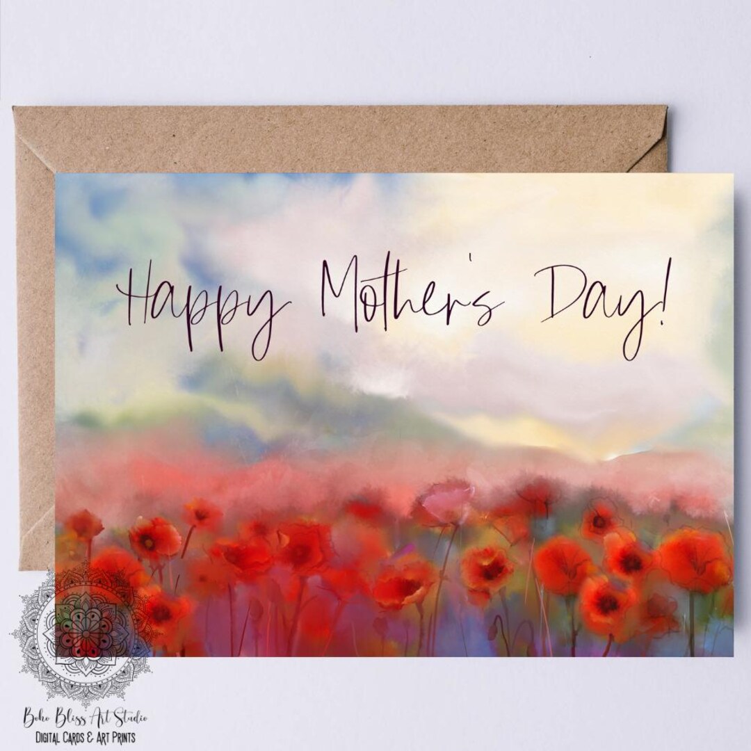 Poppies Mother's Day DIGITAL Card Poppy Field Watercolor PRINTABLE ...