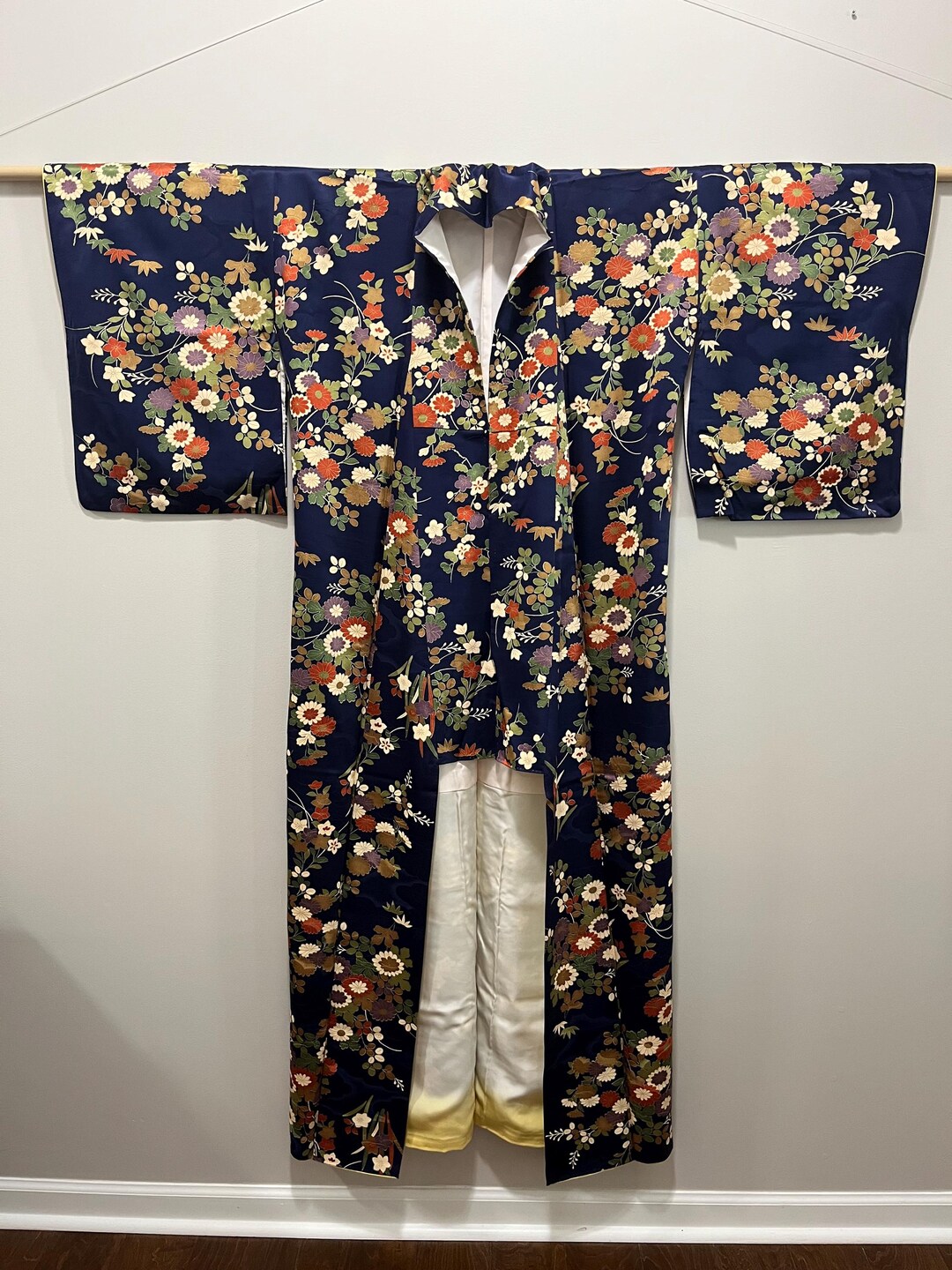 Japanese Vintage Silk Fabric Kimono, Komon, Floral Wagara Pattern, Navy ...