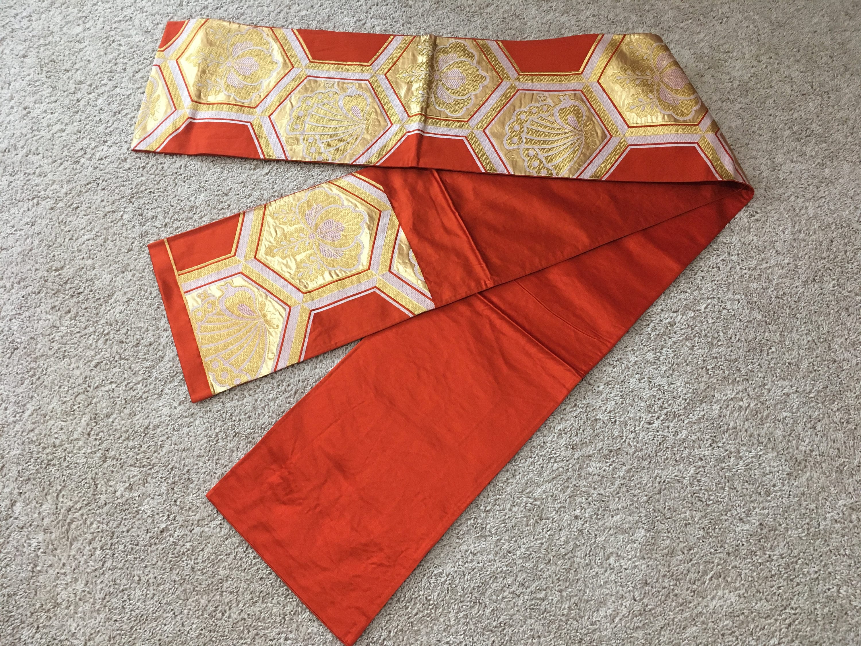 Vintage Japanese Silk Obi, Gold & Orange, Suitable as a Table Runner ...