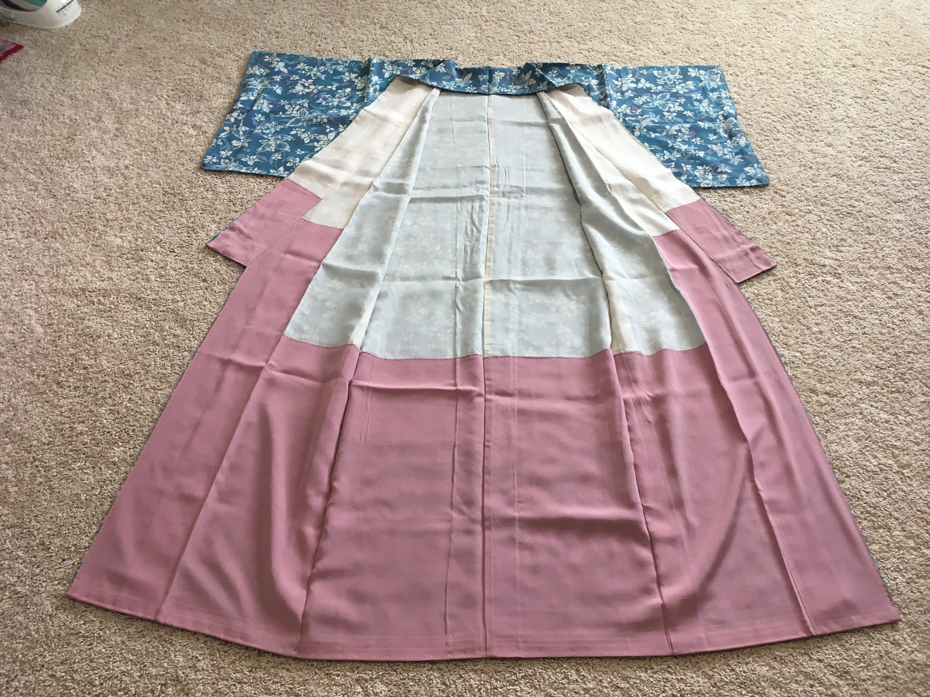 Japanese Vintage Silk Fabric Kimono, Komon, Floral Wagara Pattern, Blue ...