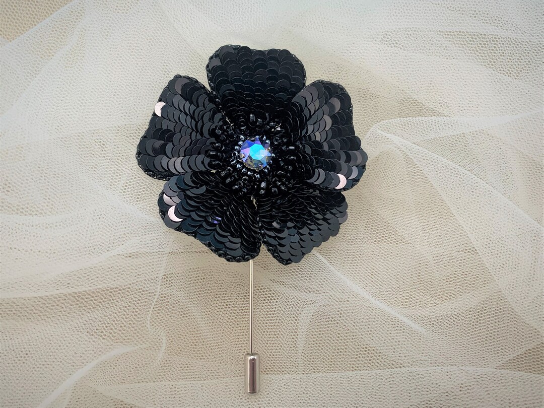 Black Beaded Flower Pin Gift for Her - Etsy