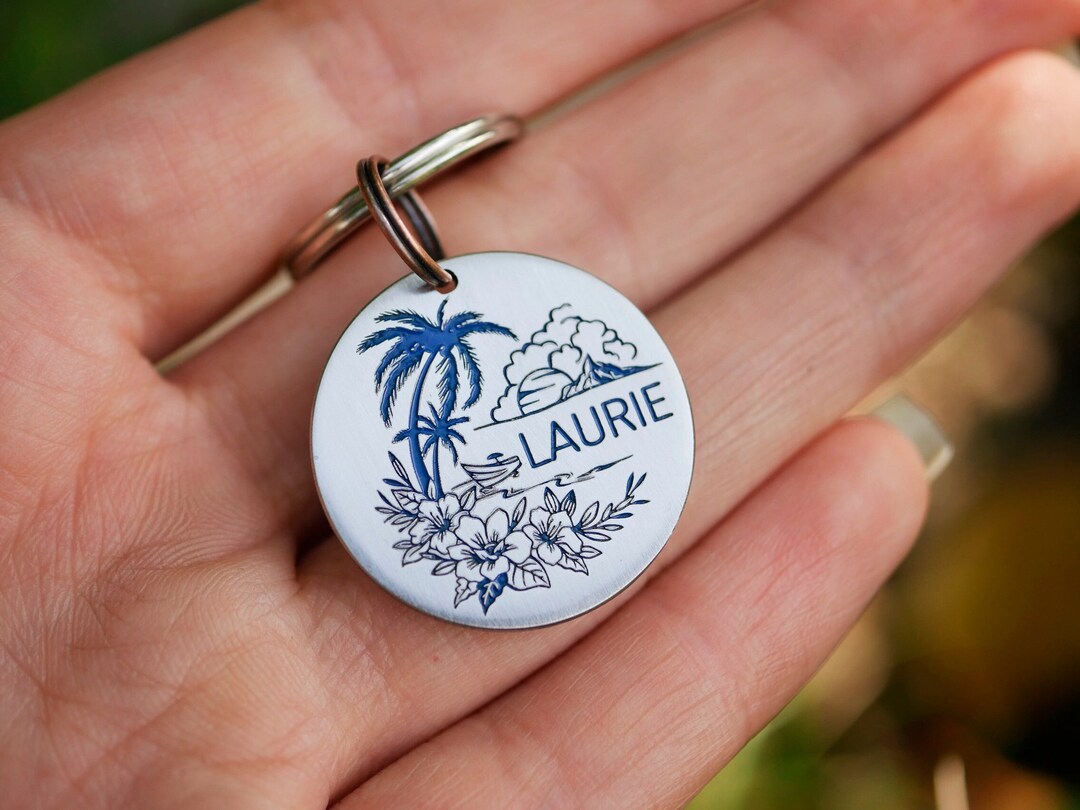 Beach Dog Tag, Tropical Flower Pet Id Tag, Palm Cat Name Enamel Tag ...