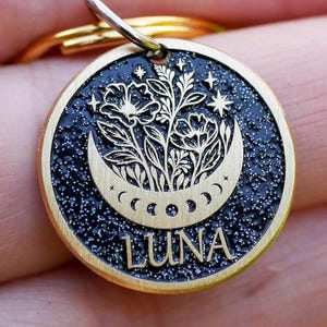 Pet Id Tag Personalized, Mystical Moon Dog Tag, Floral Boho Custom Name ...
