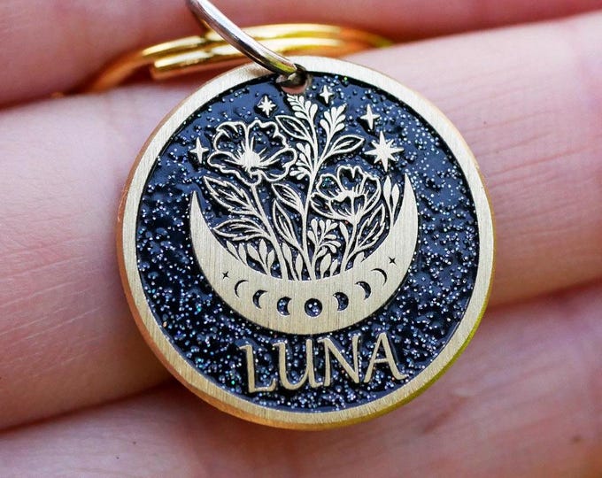 Pet Id Tag Personalized, Mystical Moon Dog Tag, Floral Boho Custom Name ...