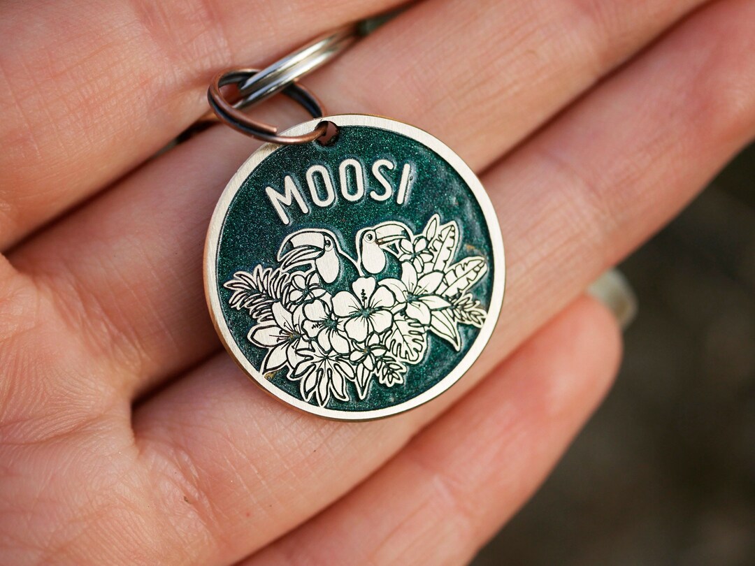 Tropical Leaves Dog Tag Personalized, Floral Pet Id Tag, Tucan Dog ...