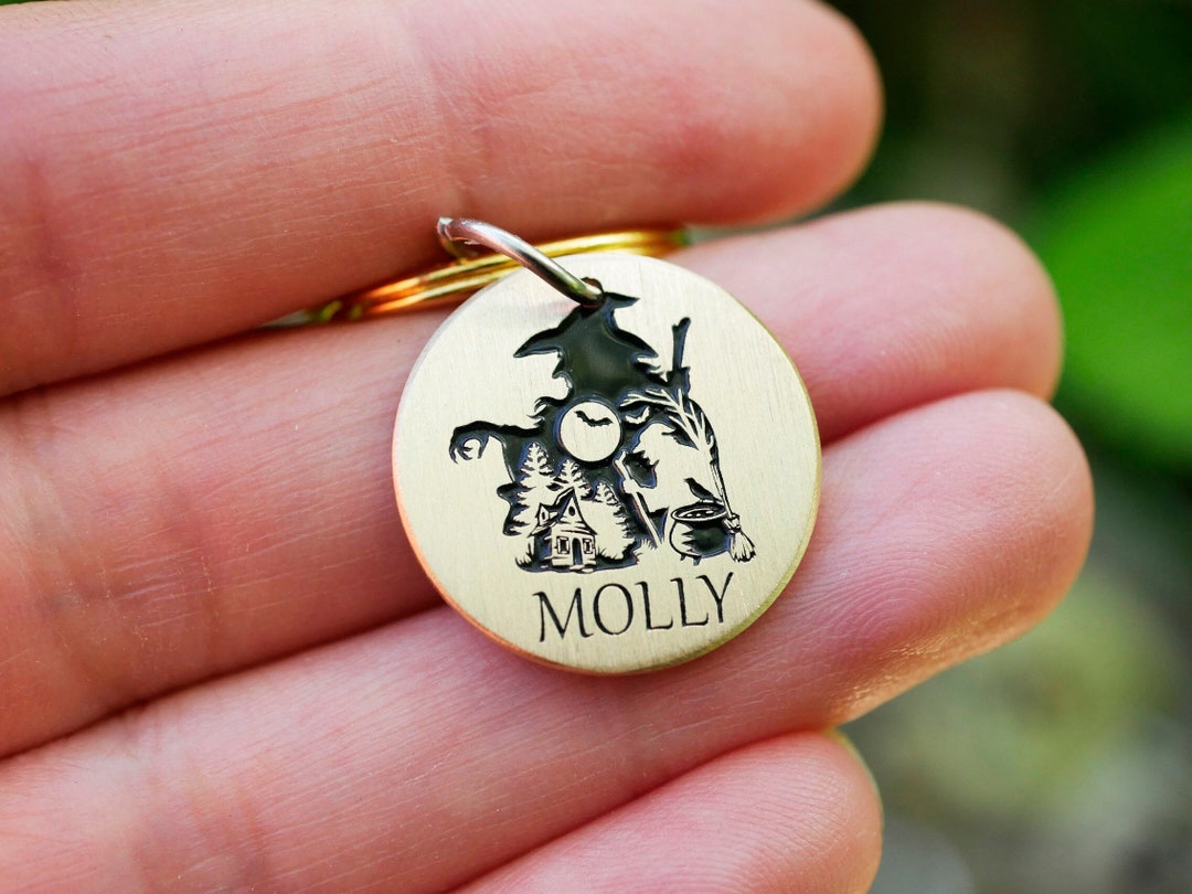 Witch Dog Name Tag, Halloween Personalized Cat Name Enamel Tag, Magic ...
