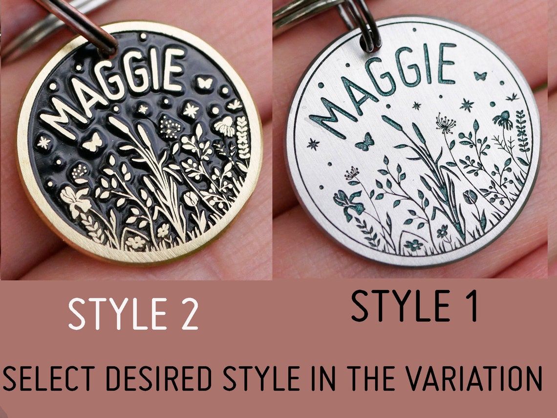 Wild Floral Dog Tag Personalized Custom Pet Id Tag Meadow - Etsy