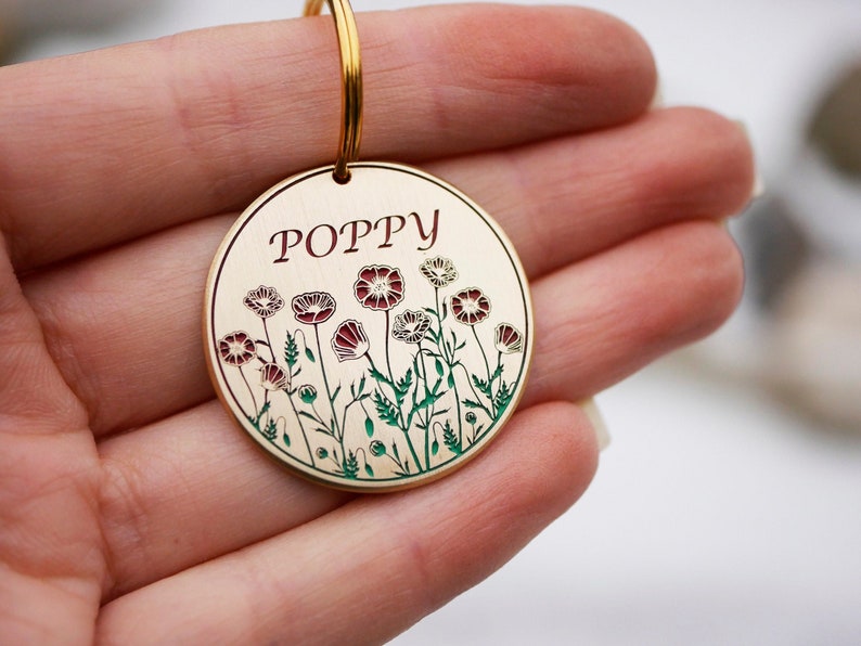 Poppy Dog Tag Personalized Custom Floral Pet Id Tag Meadow - Etsy