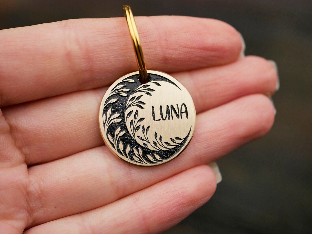 Floral Moon Dog Tag, Personalized Id Tag, Custom Pet Id Tag, Luna Cat ...