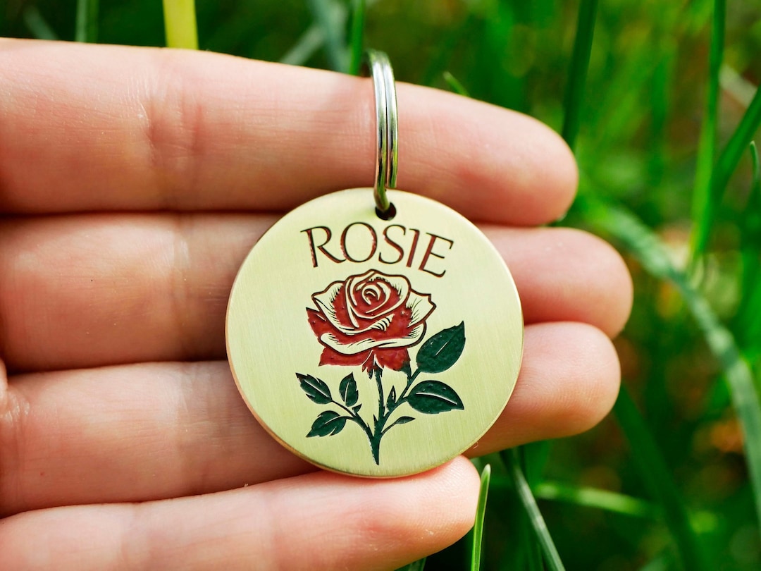 Rose Dog Name Tag, Floral Personalized Tag, Rosie Pet Id Tag, Custom ...