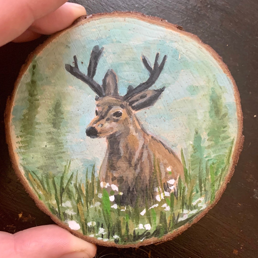 Hand Painted Tree Slice, Original Art, Gouache, Gift, Decoration ...