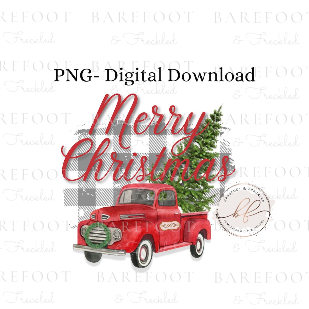 PNG- Merry Christmas Vintage Red Truck Hauling a Christmas Tree With ...