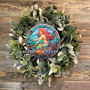 8 Inch Circle Aluminum Sign, Mermaid, Summer, Ocean, Faux Stained Glass ...