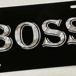 Boss License Plate Car Tag Diamond Etched / Engraved on Black Aluminum ...