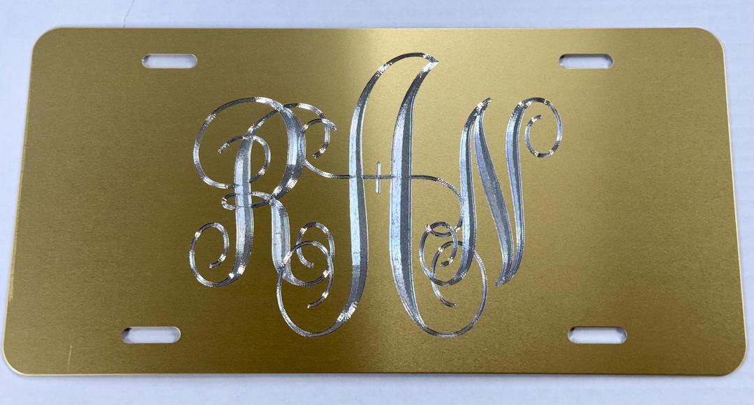 Custom Monogram Gold License Plate Car Tag Diamond Etched Silver ...