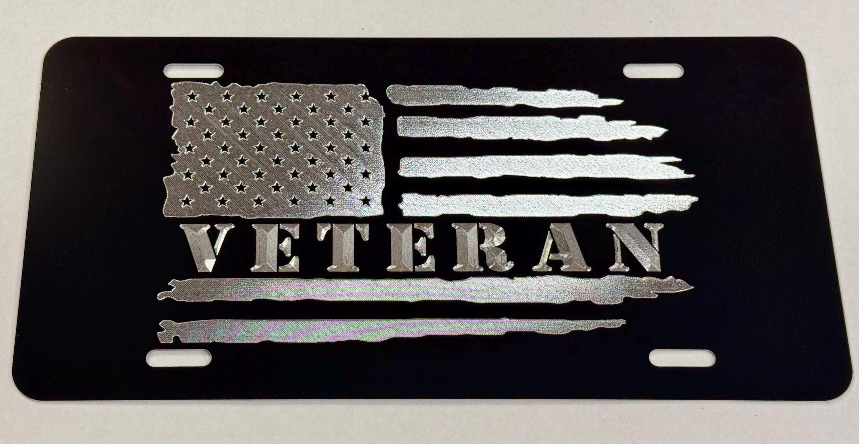 US Flag Veteran License Plate Car Tag Diamond Etched Engraved Aluminum ...