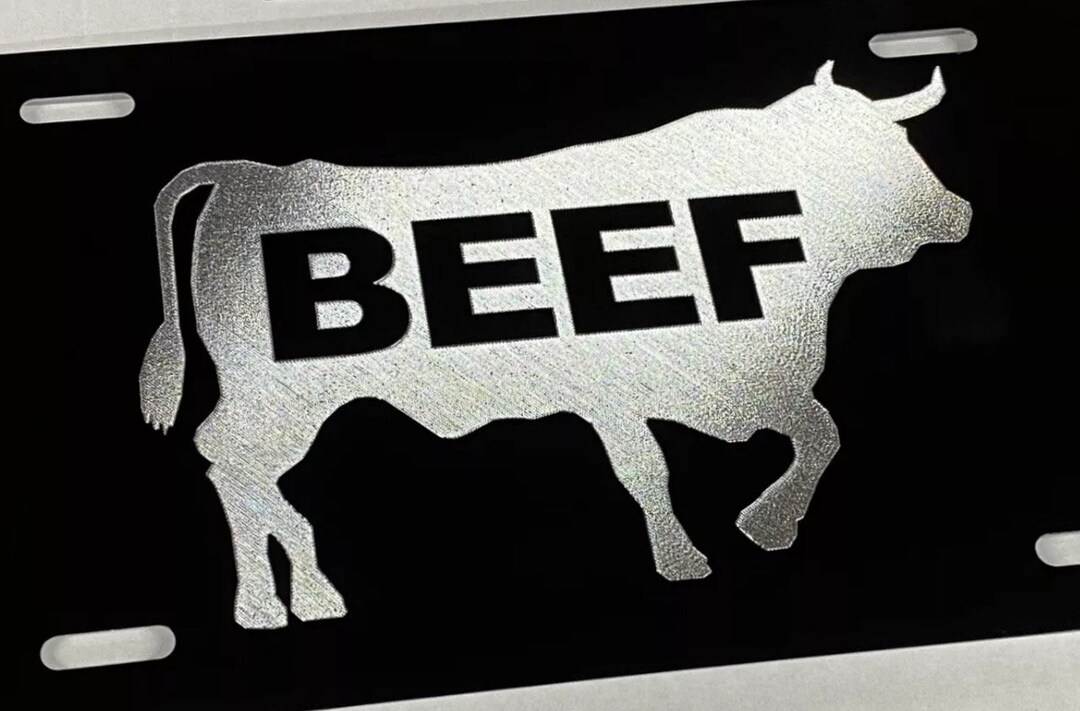 Beef Bull Engraved License Plate Car Tag Silver Diamond Etched on Black ...