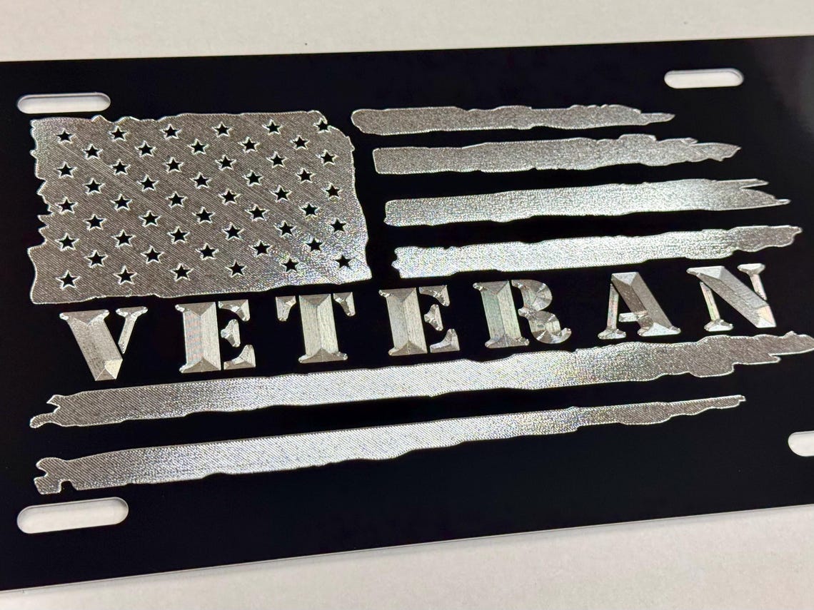 US Flag Veteran License Plate Car Tag Diamond Etched Engraved Aluminum ...