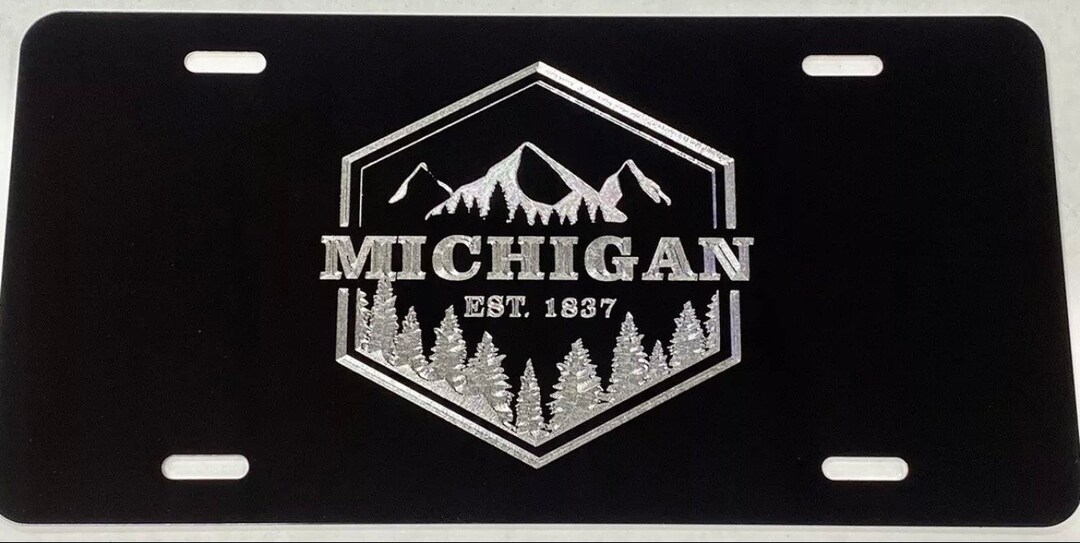 Michigan MI State License Plate Diamond Etched Engraved Car Tag Black ...