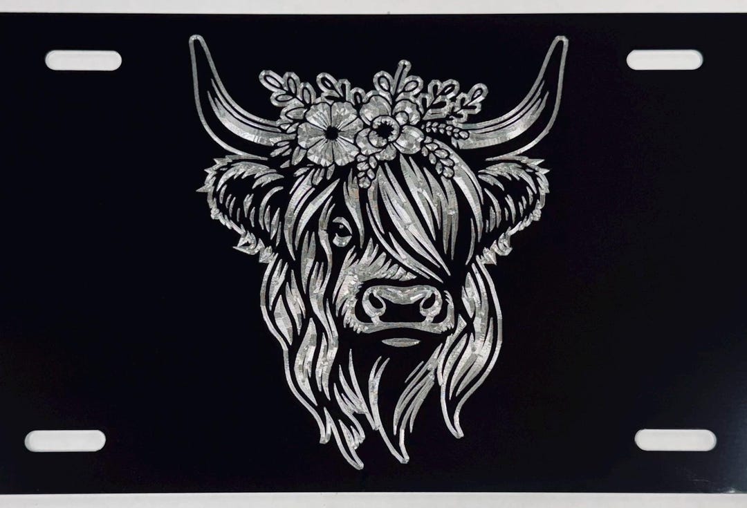 Highland Cow License Plate Car Tag Diamond Etched Engraved on Black ...